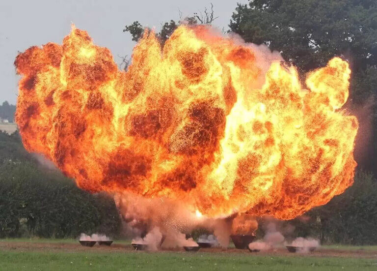 War Reenactment fireworks, large explosions and fireballs